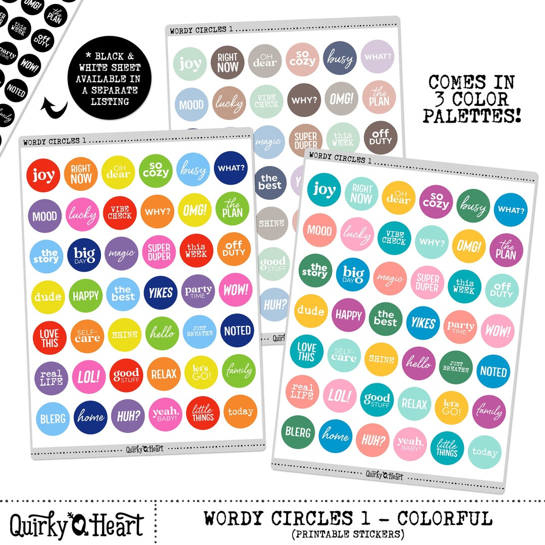 Wordy Circles Colorful Printable Stickers for Planning, Scrapbooking ...