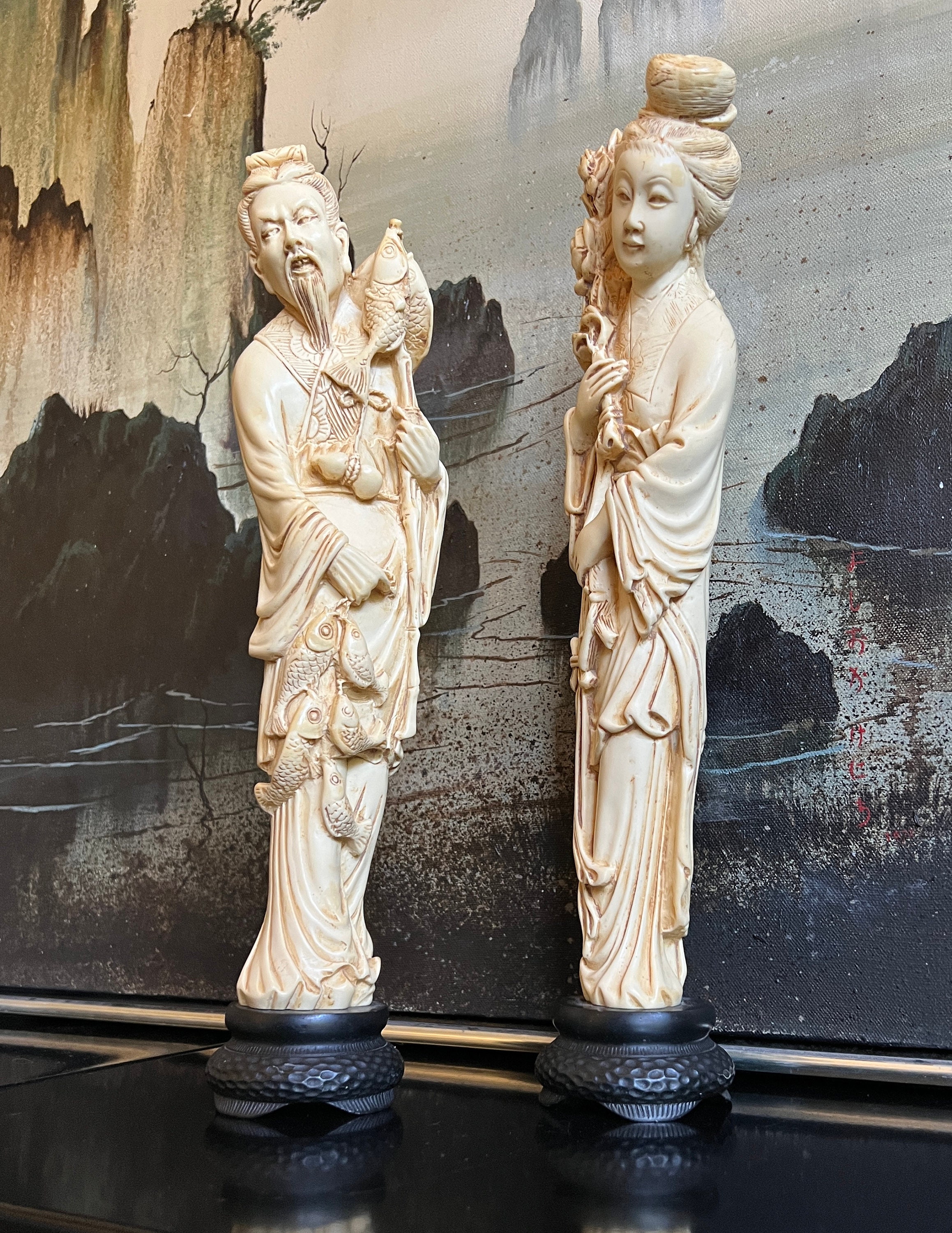RESIN CHINESE COUPLE ~ Chinese Man With Fishes, Chinese Woman With ...