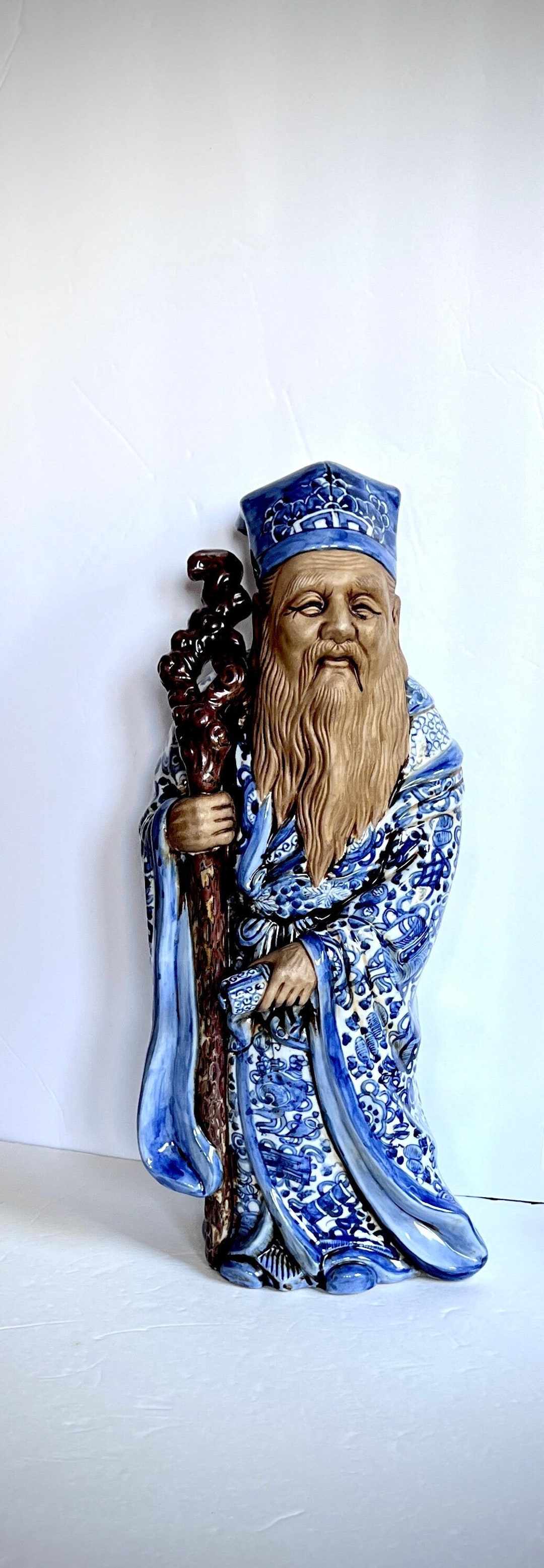 JAPANESE JUROJIN STATUE ~ Hand Painted Cobalt Blue and White Porcelain ...