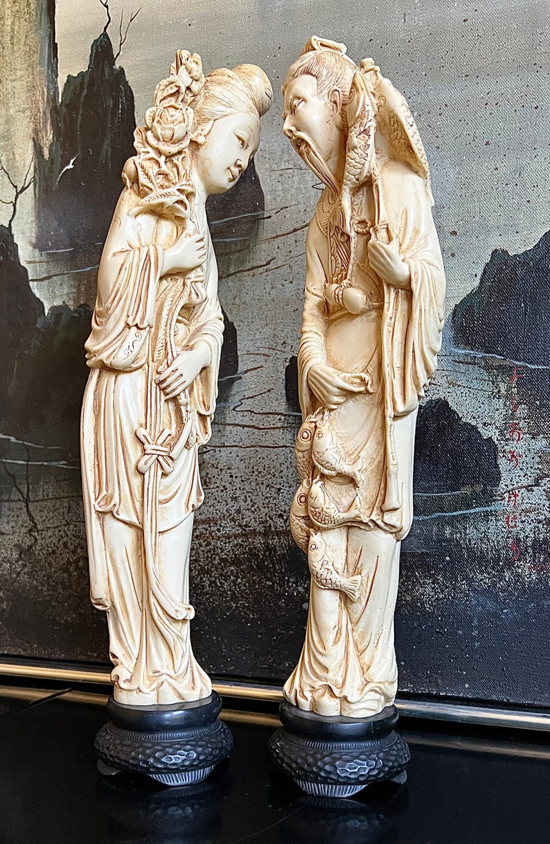 RESIN CHINESE COUPLE Chinese Man With Fishes Chinese Woman - Etsy