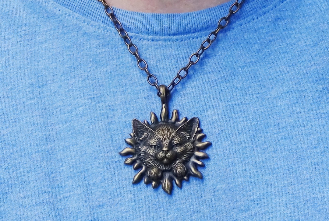 Bronze Statement Cat Face Sun Pendant Necklace, Cat Lover Gift for Her ...