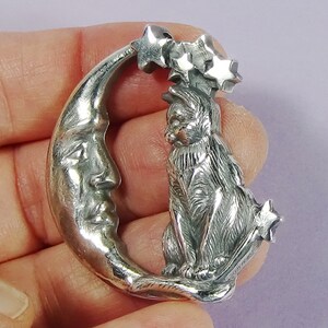 Silver Cat N Moon W Stars Large Pendant, Cat Lover Gift for Her ...