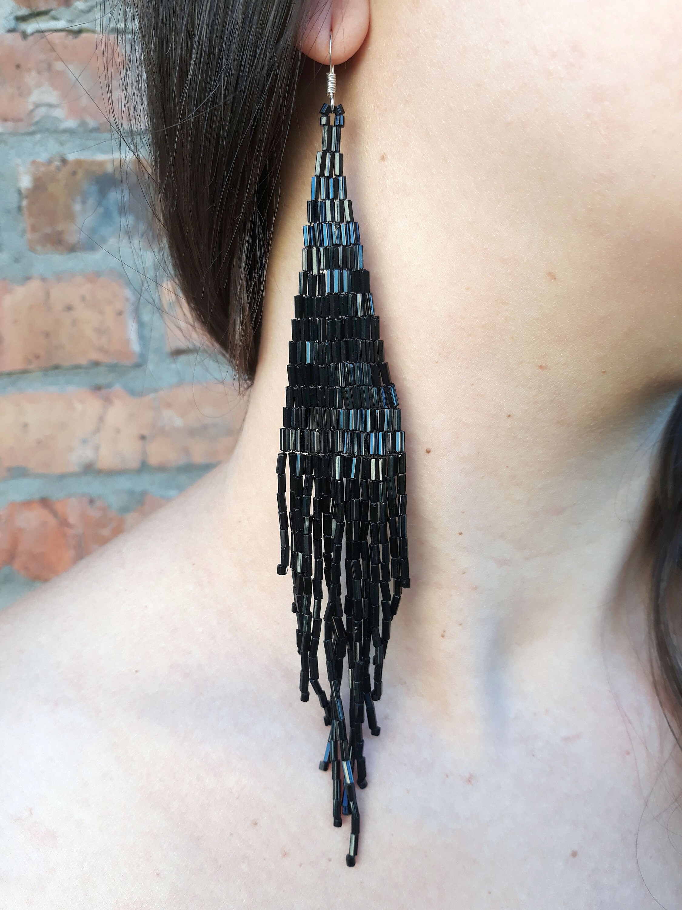 Long Black Seed Bead Earrings, Dangle Earrings, Disco Evening Earrings ...
