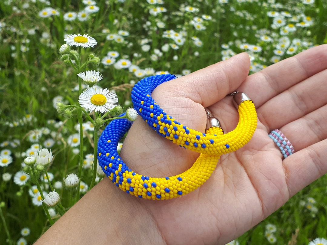 Ukrainian Flag Bead Crochet Bracelet, Geometric Seed Bead Bracelet ...