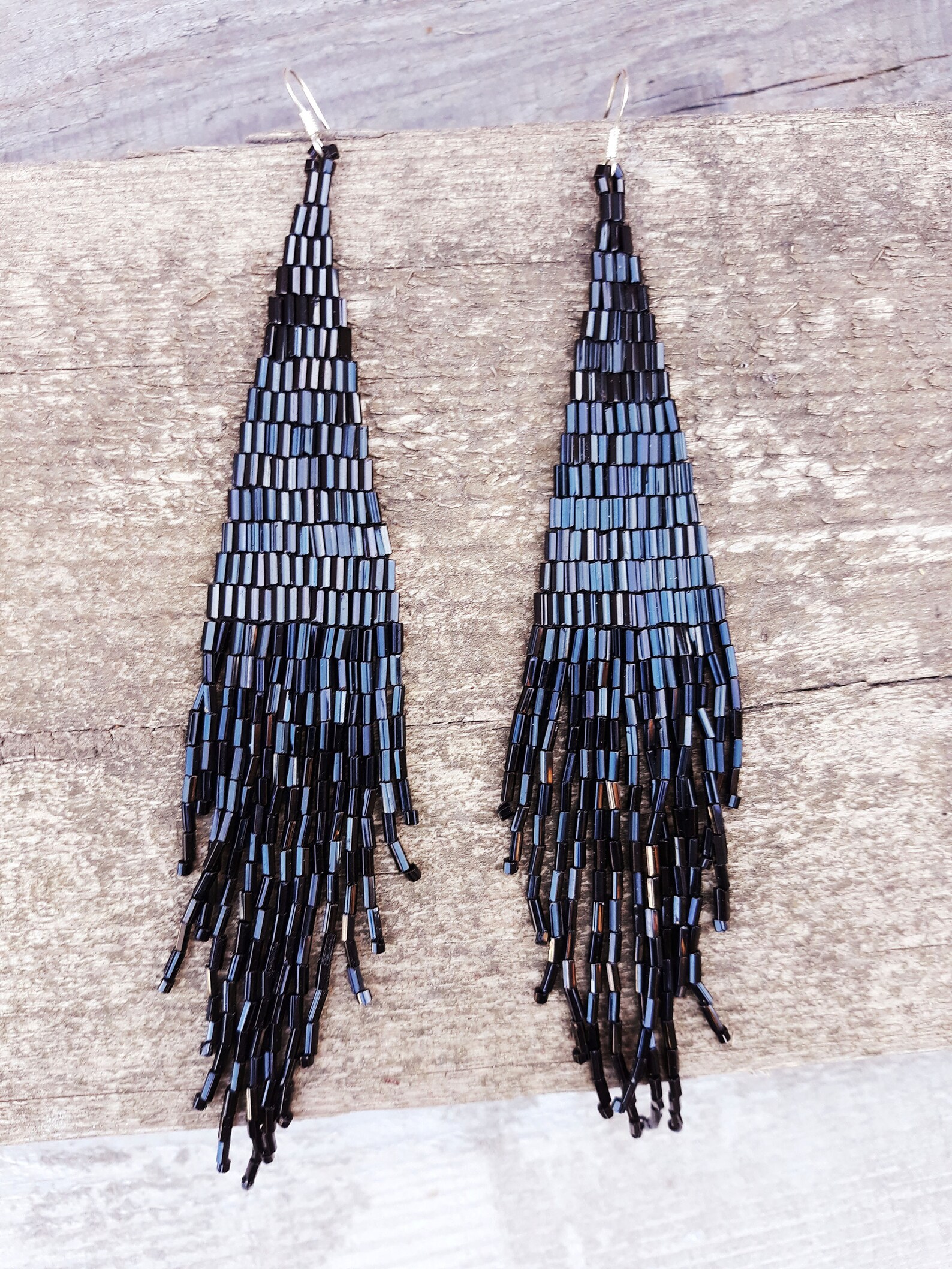 Long Black Seed Bead Earrings, Dangle Earrings, Disco Evening Earrings ...
