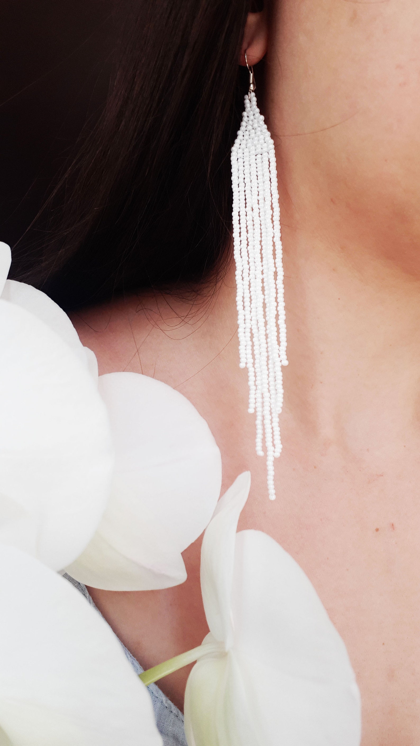 Long White Seed Bead Earrings Beaded Earrings White Fringe | Etsy