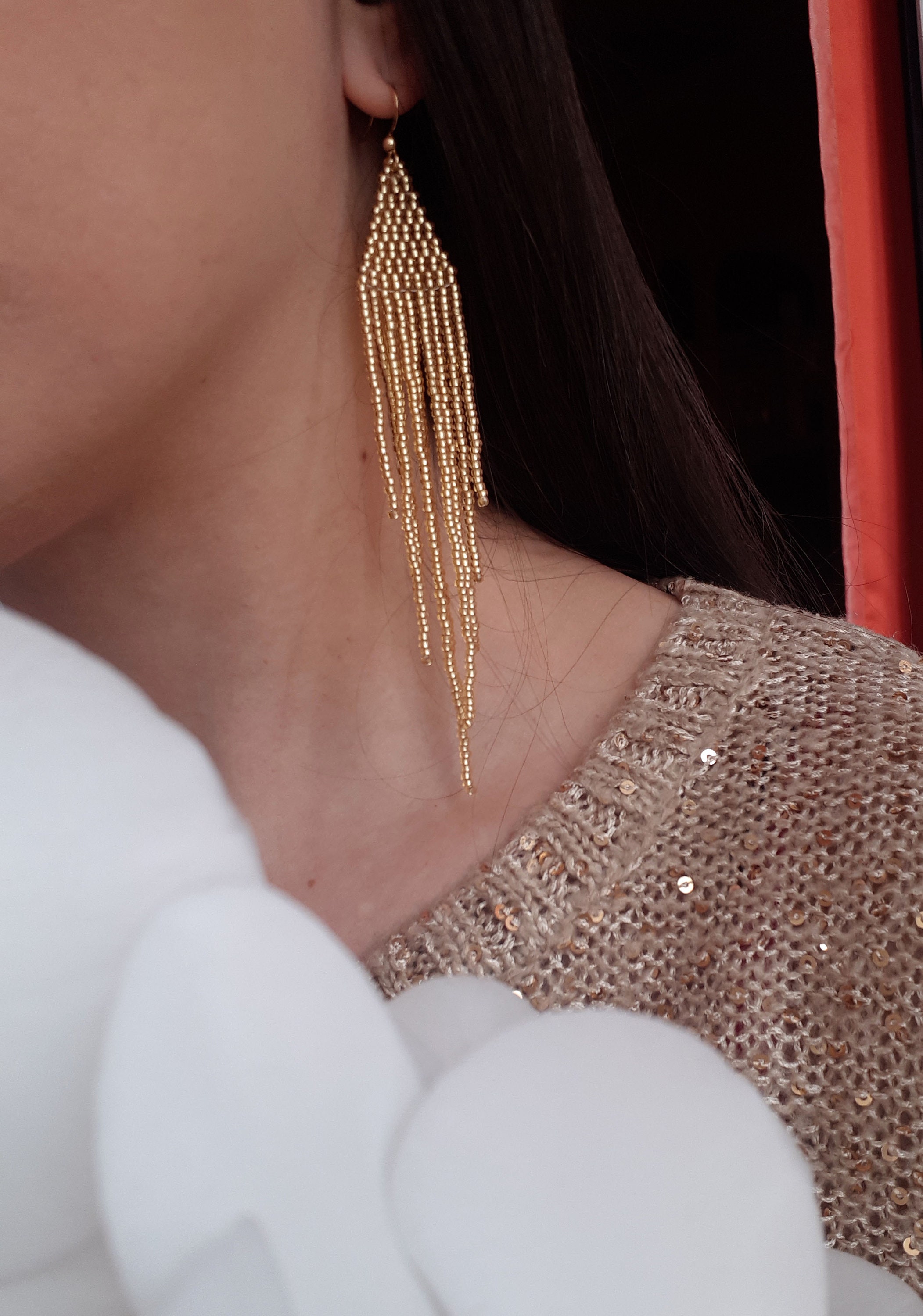 5 Shiny gold seed bead earrings Long sparkle earrings | Etsy