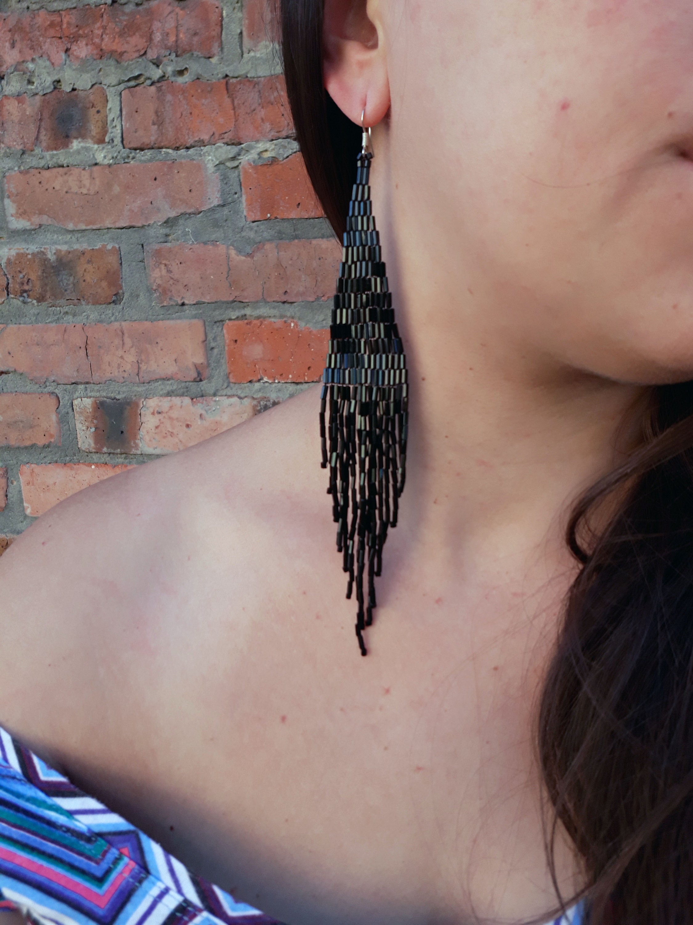 Long Black Seed Bead Earrings, Dangle Earrings, Disco Evening Earrings ...