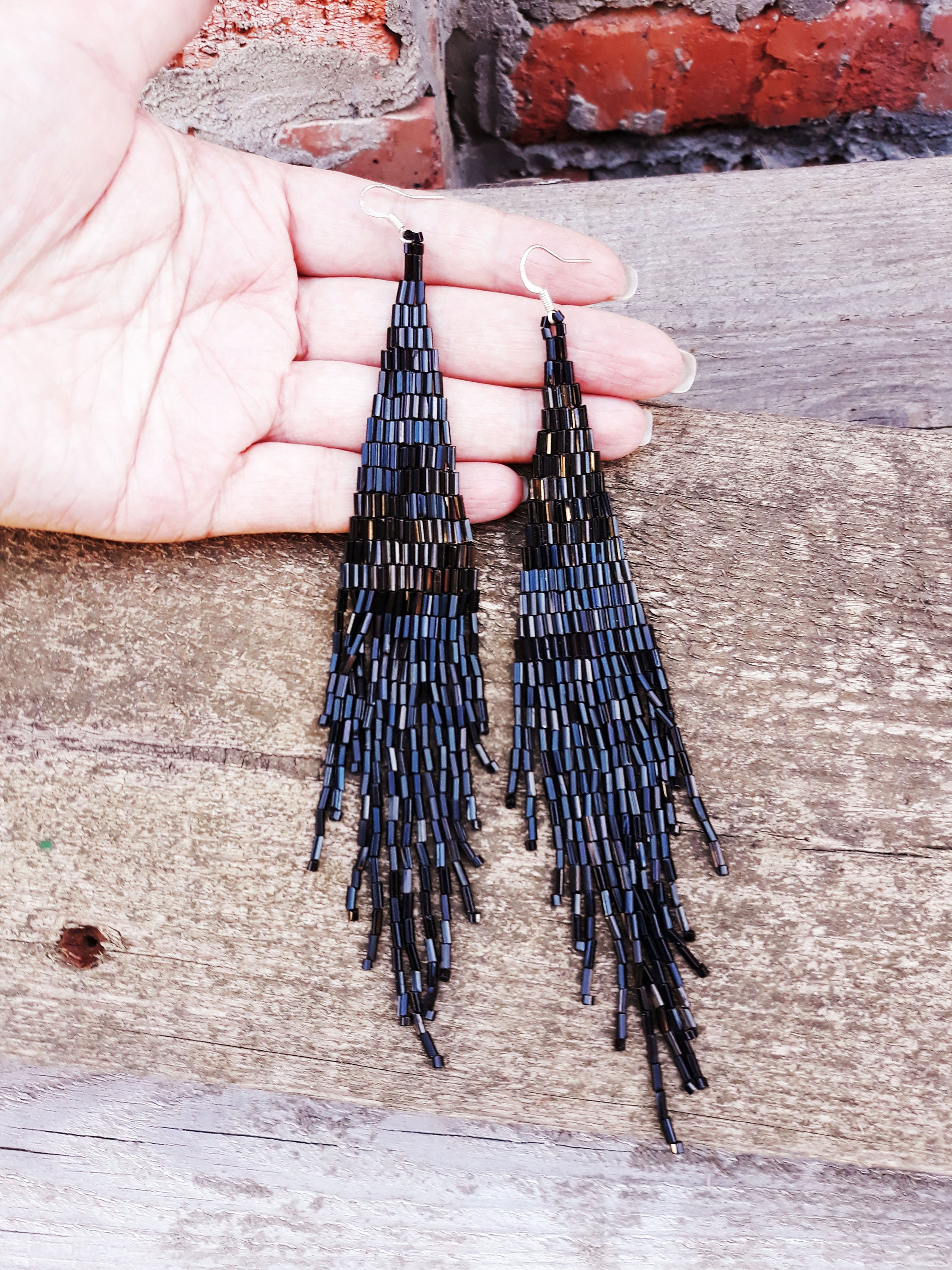 Long Black Seed Bead Earrings, Dangle Earrings, Disco Evening Earrings ...