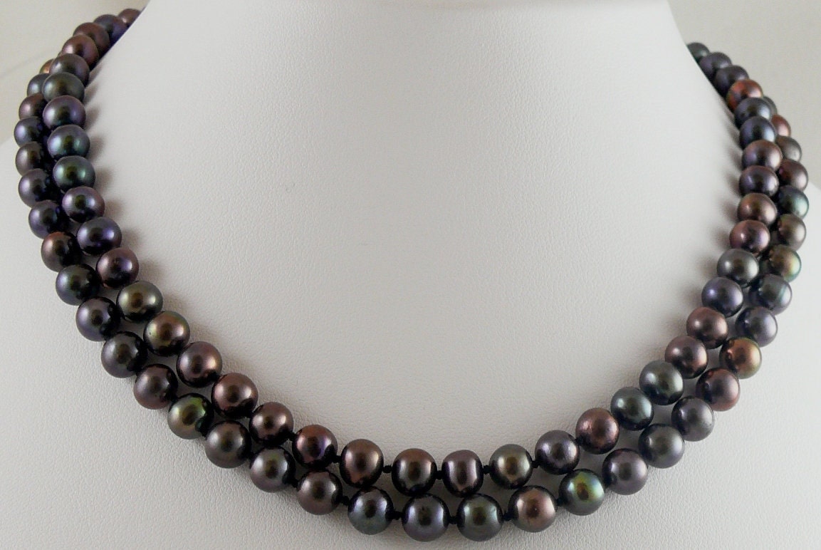Freshwater Black Pearl Necklace 7 3mm X 6 4mm Double Strand Etsy