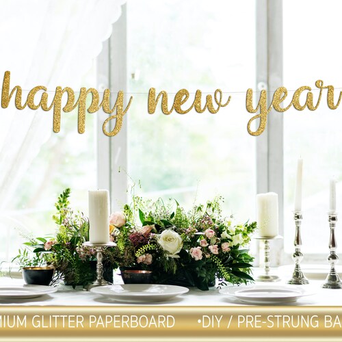 Happy New Year Cursive Gold Glitter Banner New Year's Eve - Etsy