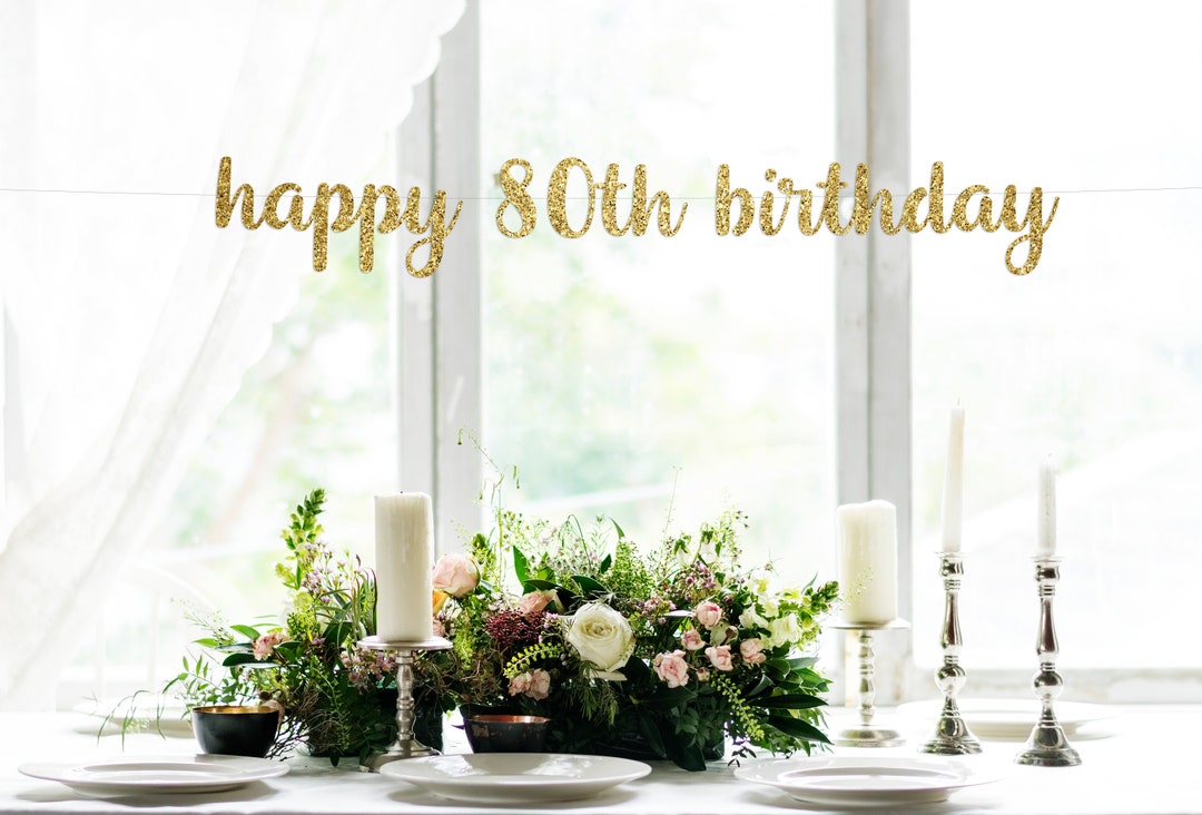 Happy 80th Birthday Cursive Banner, Happy 80th Party, 80 Years Loved ...
