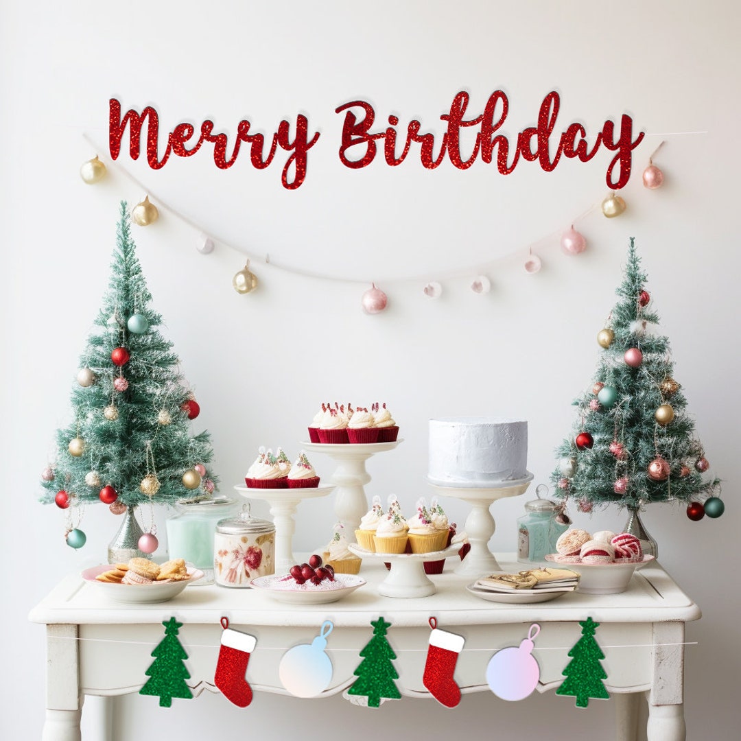 Merry Birthday,christmas Happy Birthday Banner,christmas Birthday Party ...