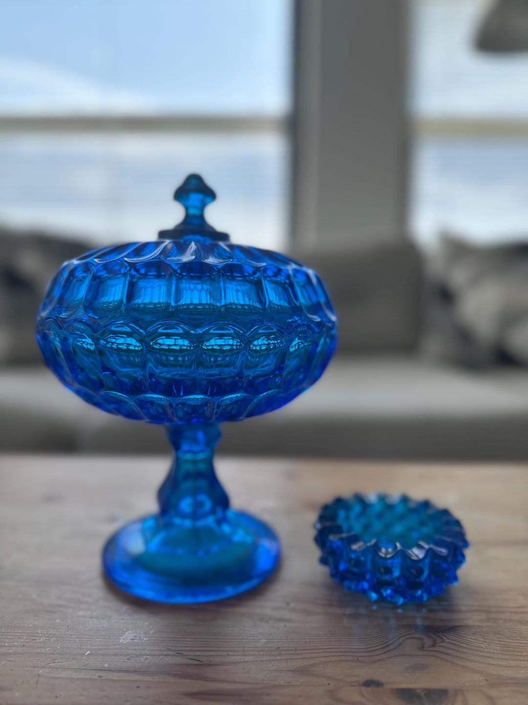 Vintage Fenton Colonial Blue Glass Thumbprint Pattern Compote With Lid ...