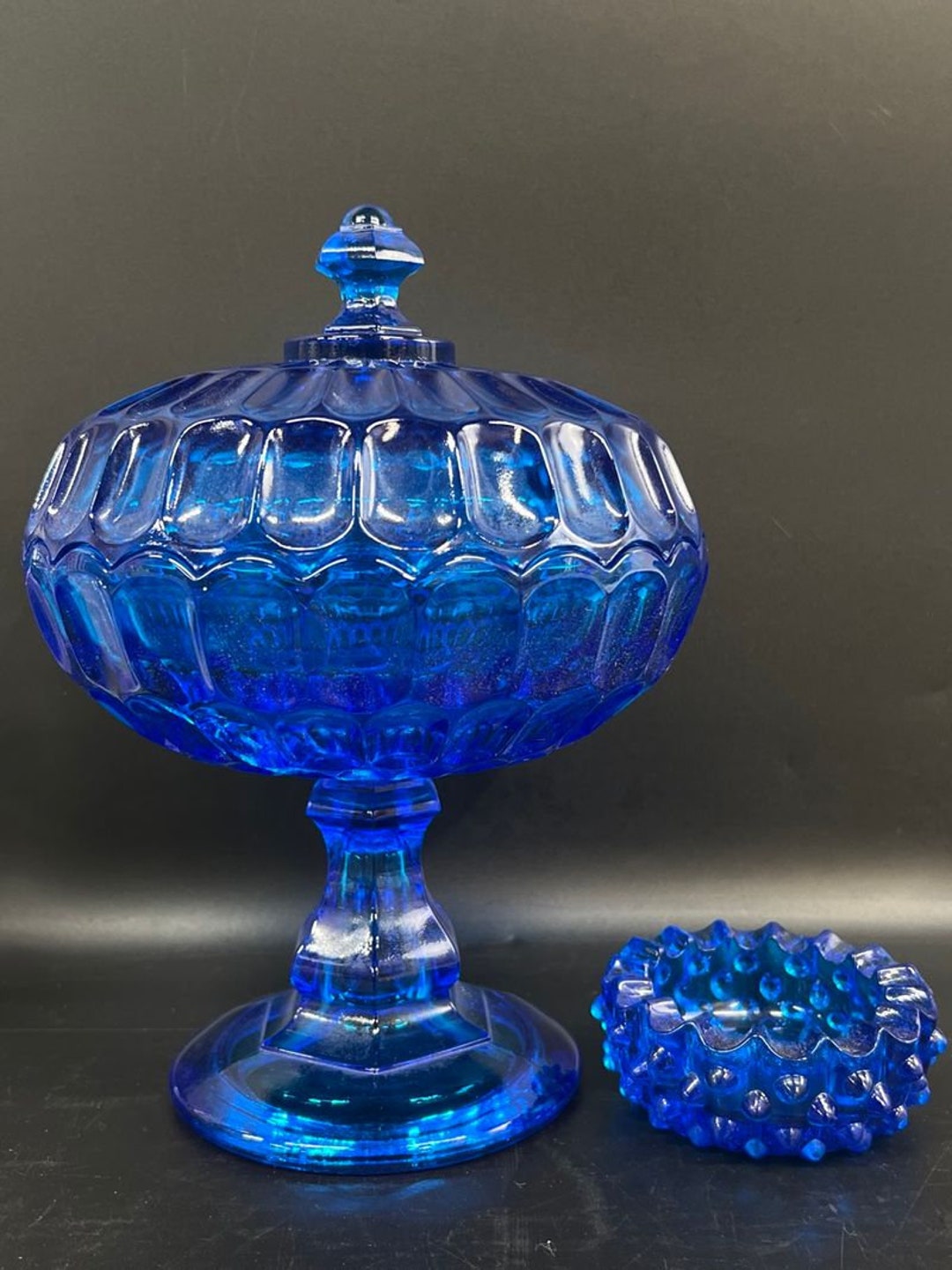 Vintage Fenton Colonial Blue Glass Thumbprint Pattern Compote With Lid ...