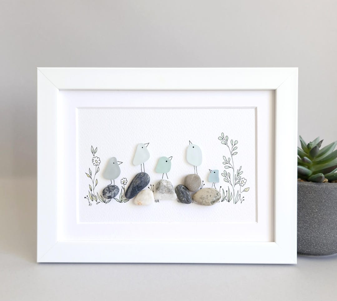 Sea Glass Birds on Rocks, Sea Glass Picture, Unique Pebbles Art ...