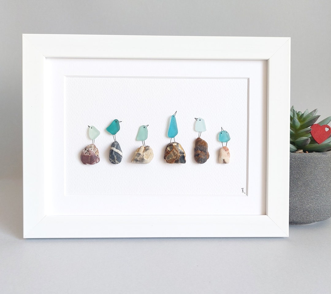 Sea Glass Birds on Rocks, Sea Glass Art Picture, Pebble Art, Wall Decor ...