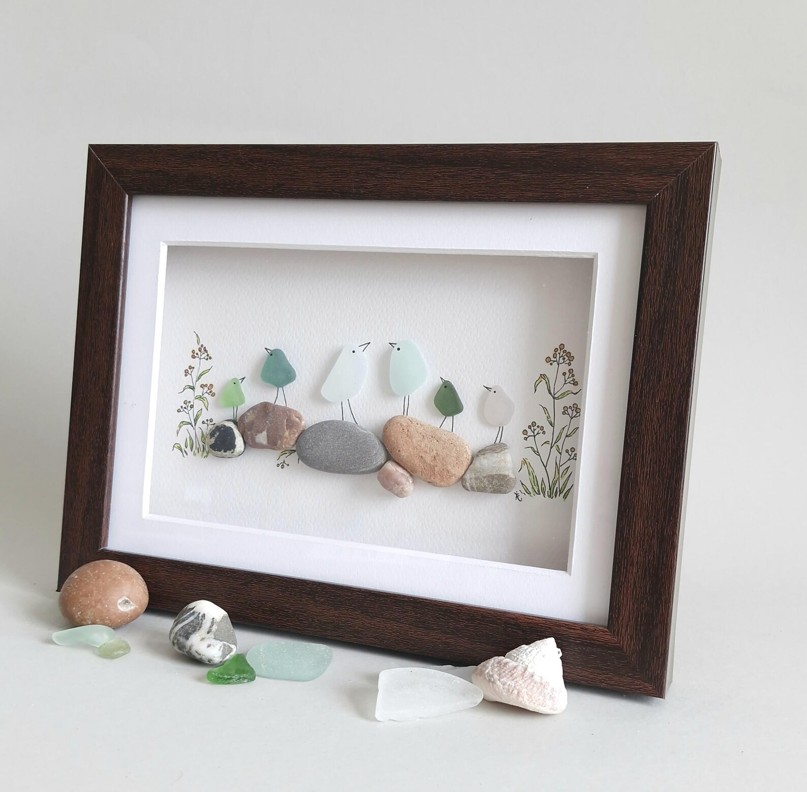 Sea Glass Birds on Rocks, Sea Glass Art Picture, Pebble Art, Wall Decor ...