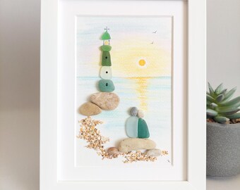 Sea Glass Lighthouse, Pebble Art & Sea Glass Picture, Blue Lighthouse ...