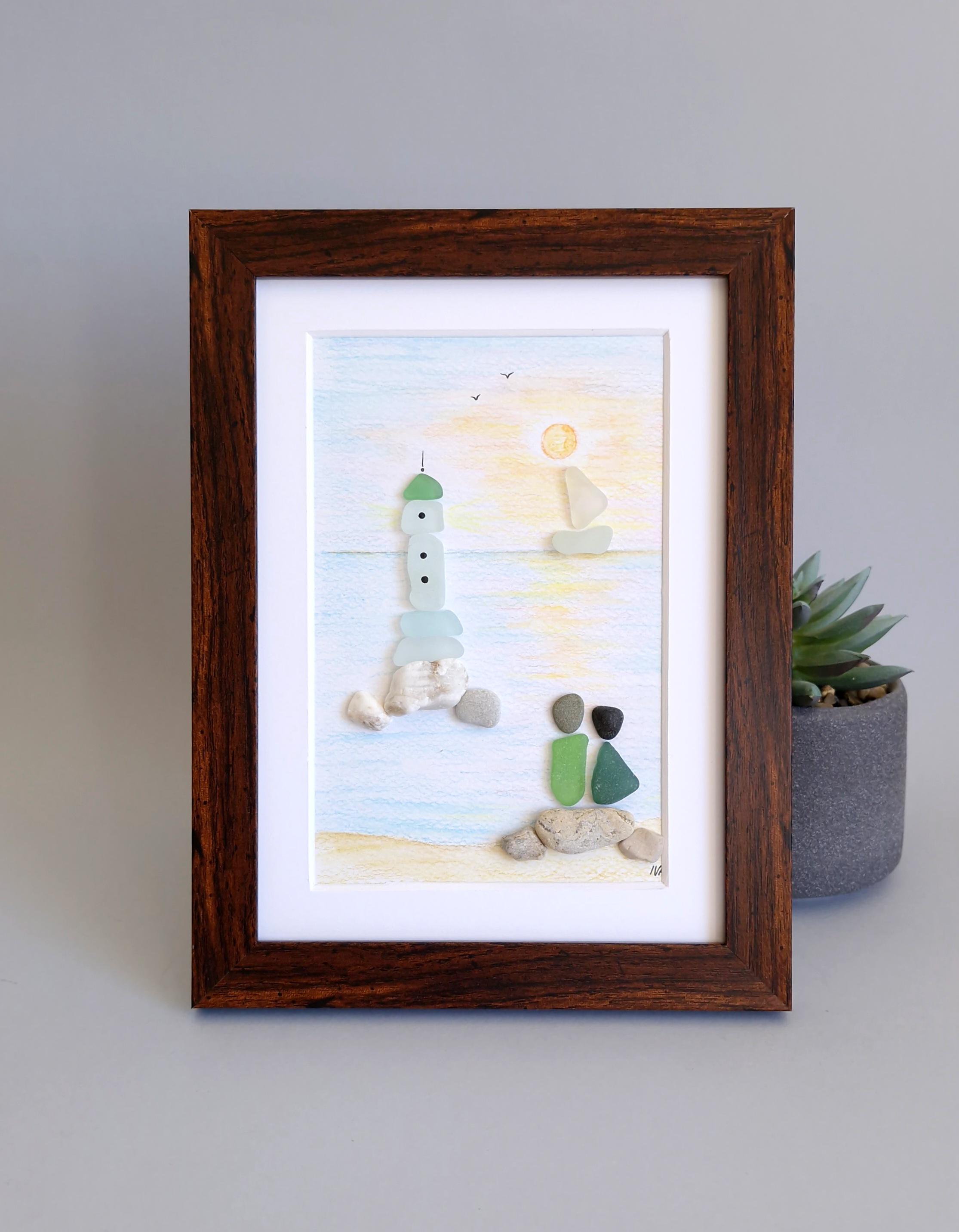 Sea Glass Lighthouse, Pebble Art & Sea Glass Picture, Blue Lighthouse ...
