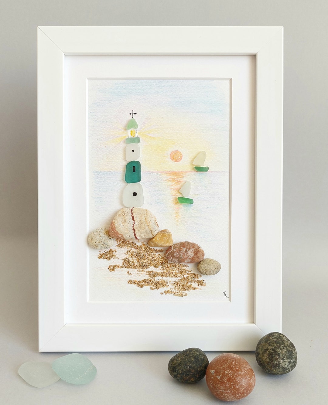 Sea Glass Lighthouse, Pebble Art & Sea Glass Picture, Blue Lighthouse ...