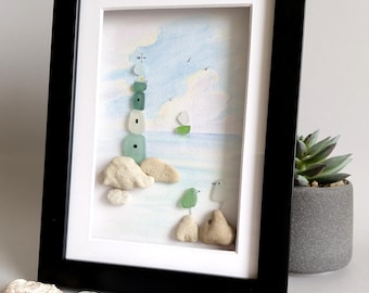 Sea Glass Lighthouse, Pebble Art & Sea Glass Picture, Blue Lighthouse ...