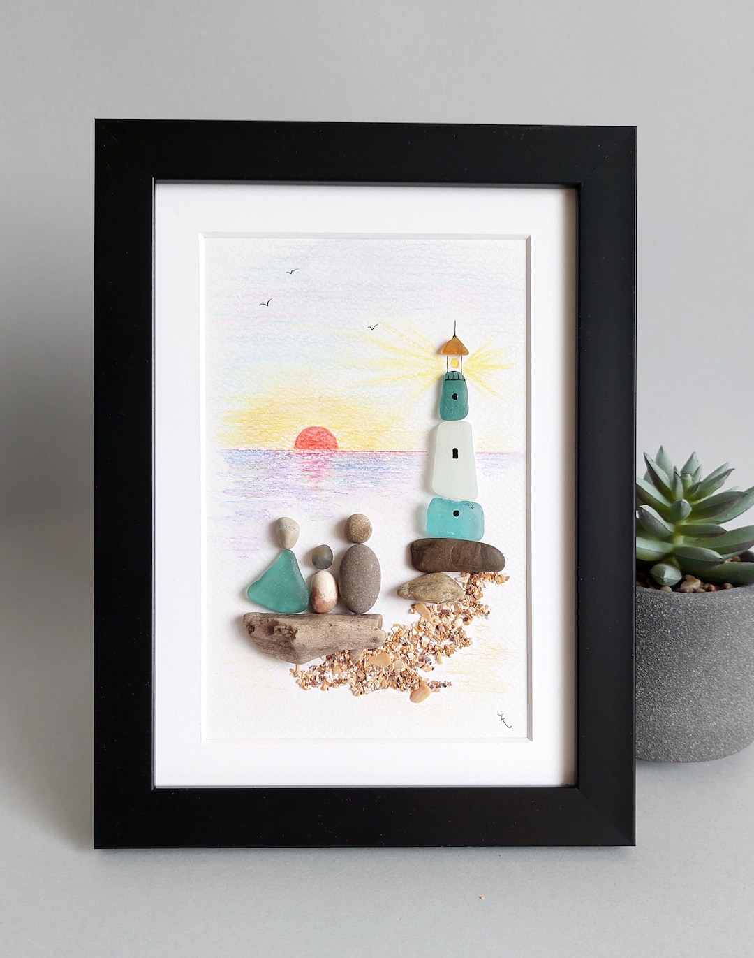 Pebble Art Family With Lighthouse, Beach Decor, Coastal Decor, Nautical ...