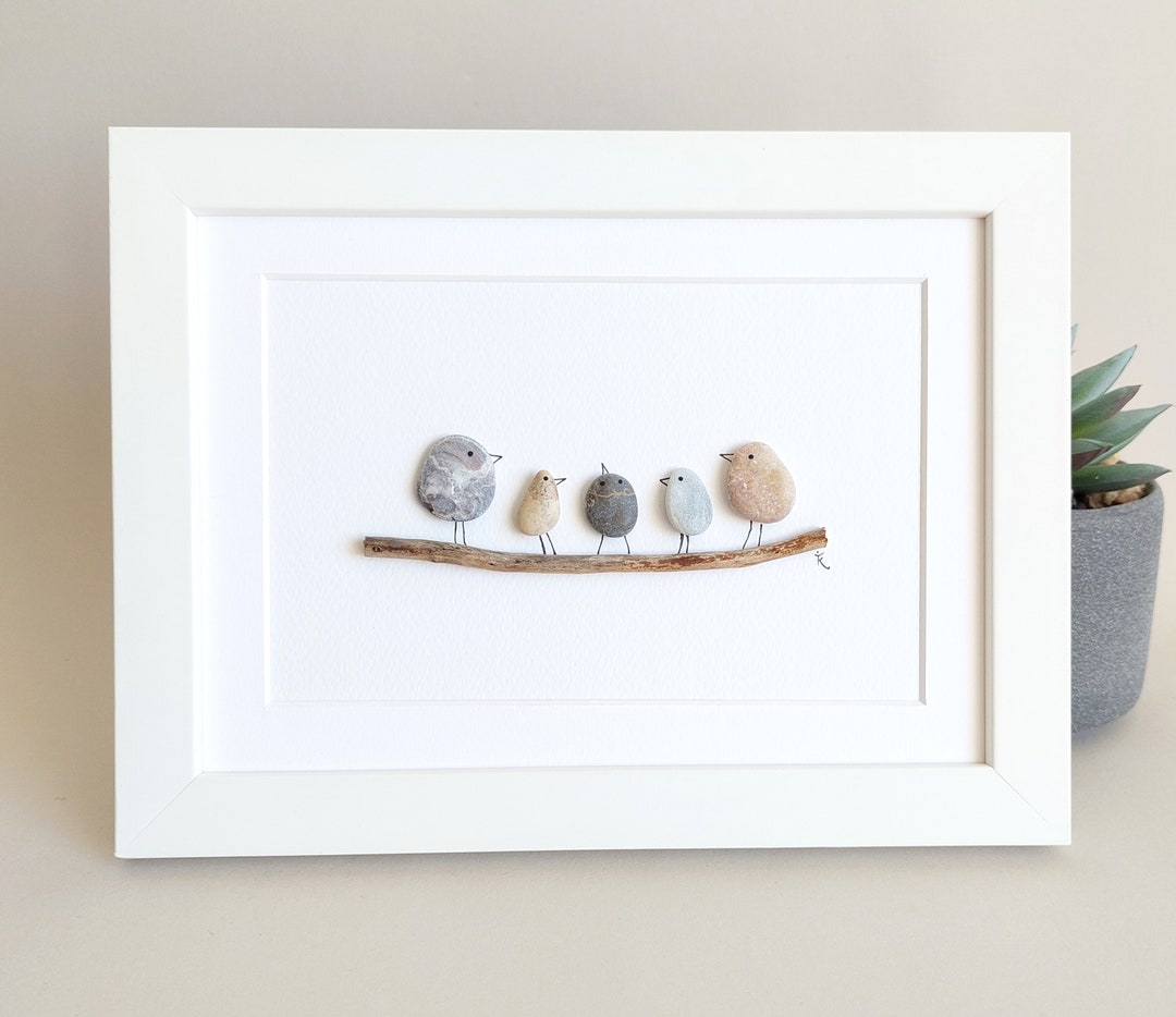 Pebble Art Birds, Pebble & Driftwood Picture, Family of Five, Framed ...