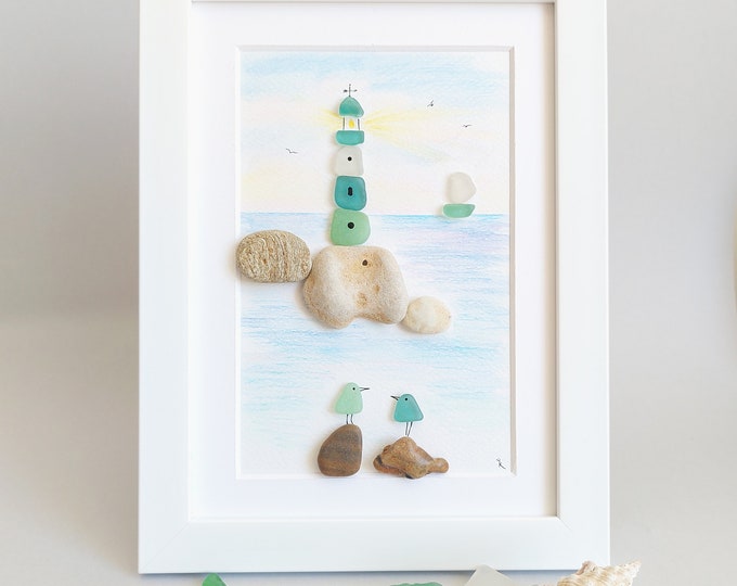 Sea Glass Lighthouse, Pebble Art & Sea Glass Picture, Blue Lighthouse ...