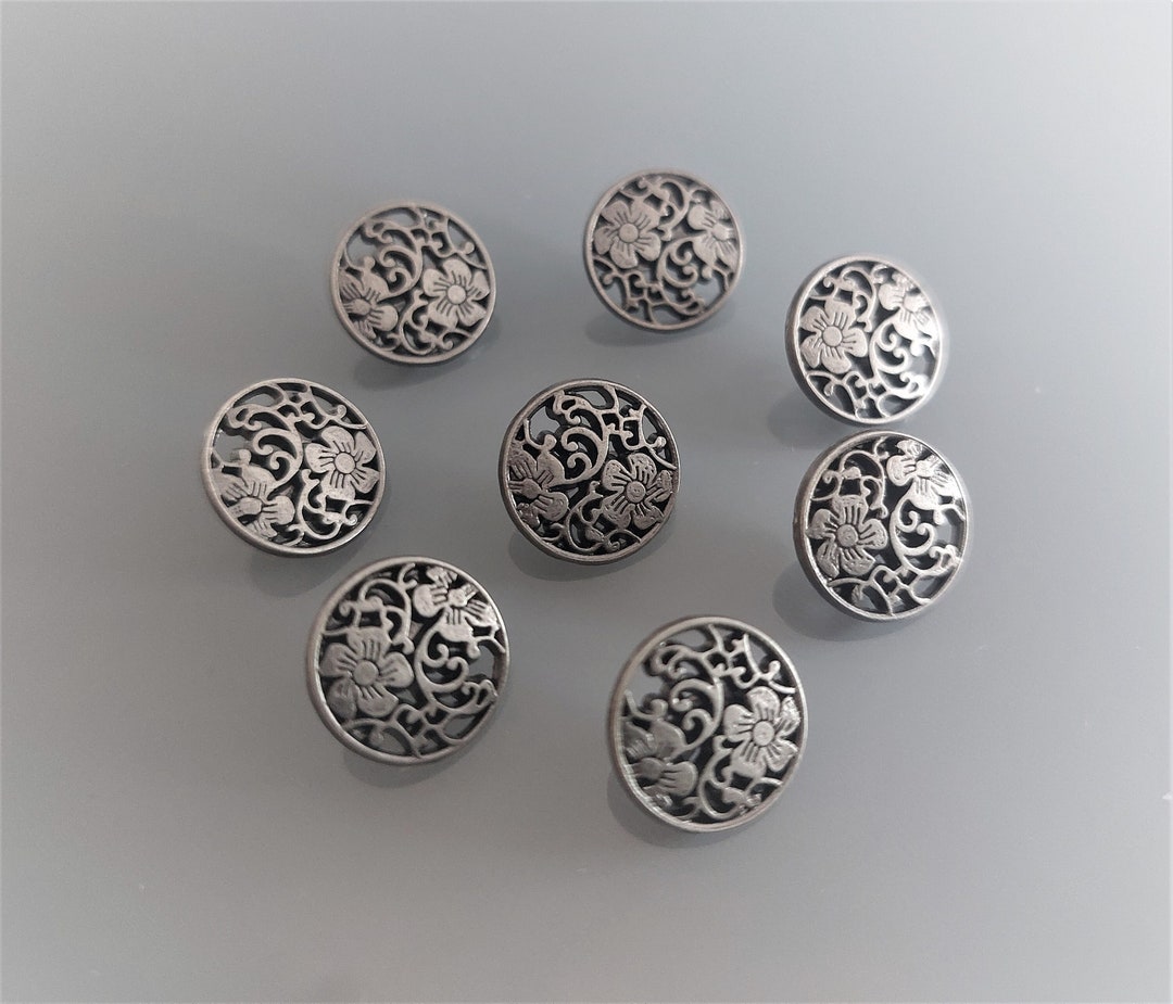 8 Round Buttons 12 Mm Engraved and Openwork Metal, Steel Gray Color - Etsy