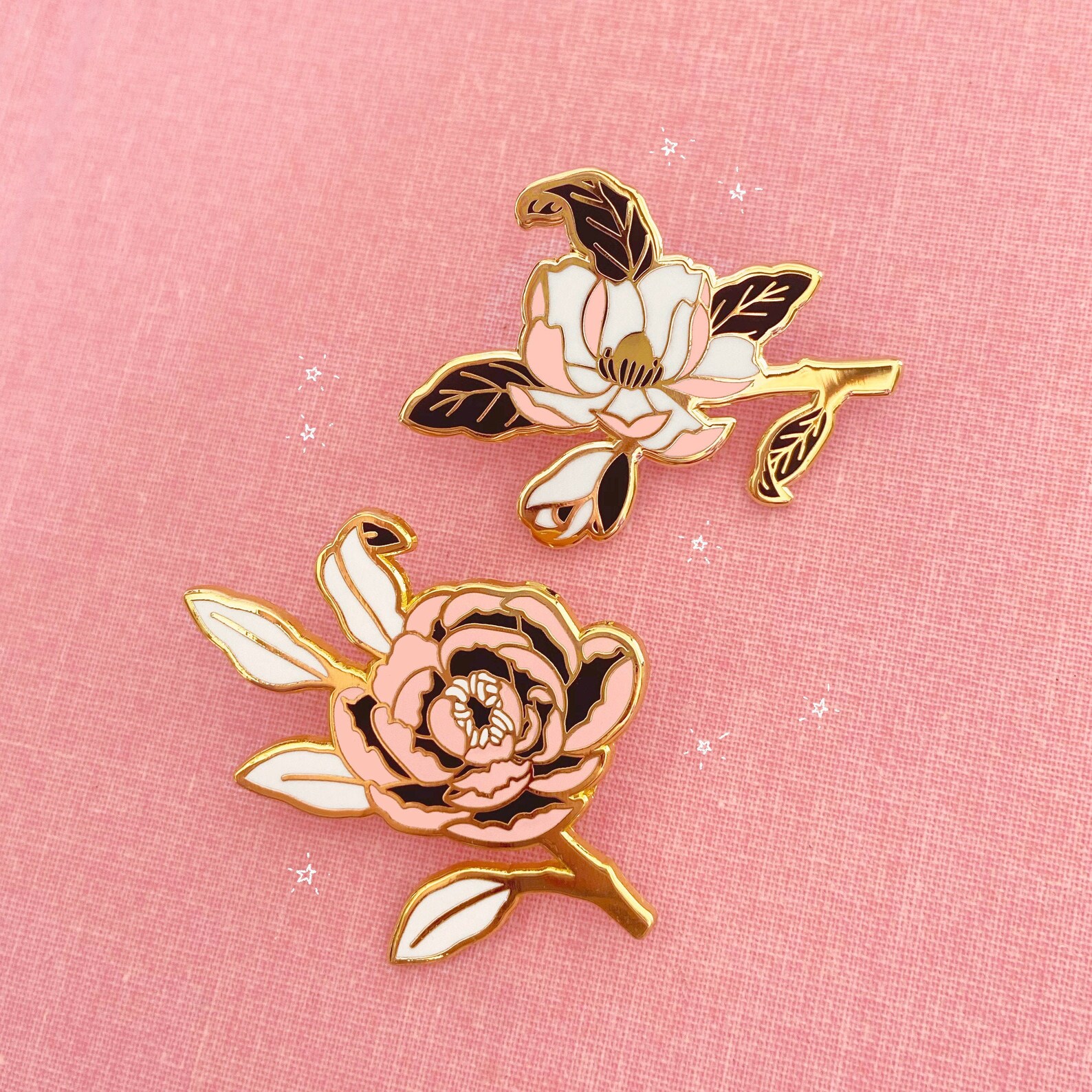 SET of 2 Flower Pins Magnolia and Peony Hard Enamel Pin | Etsy
