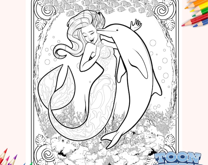 Adult Coloring Page Fantasy Art Mermaid and Dolphin Lovely Mermaid Lady ...