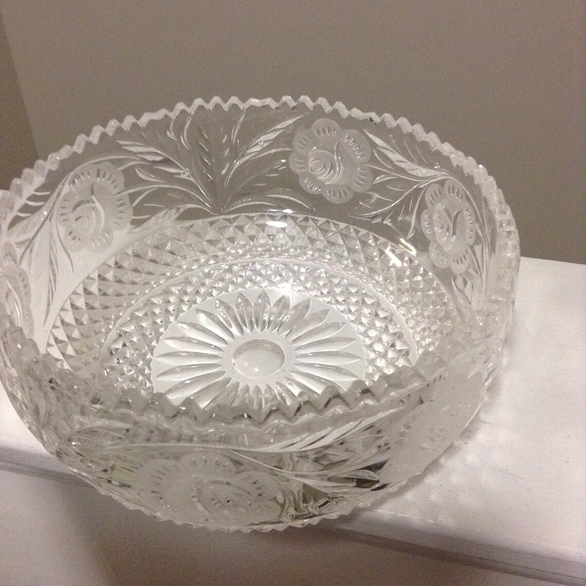 Vintage Collectible Heavy Cut Crystal Bowl With Sawtooth Rim , Etched ...