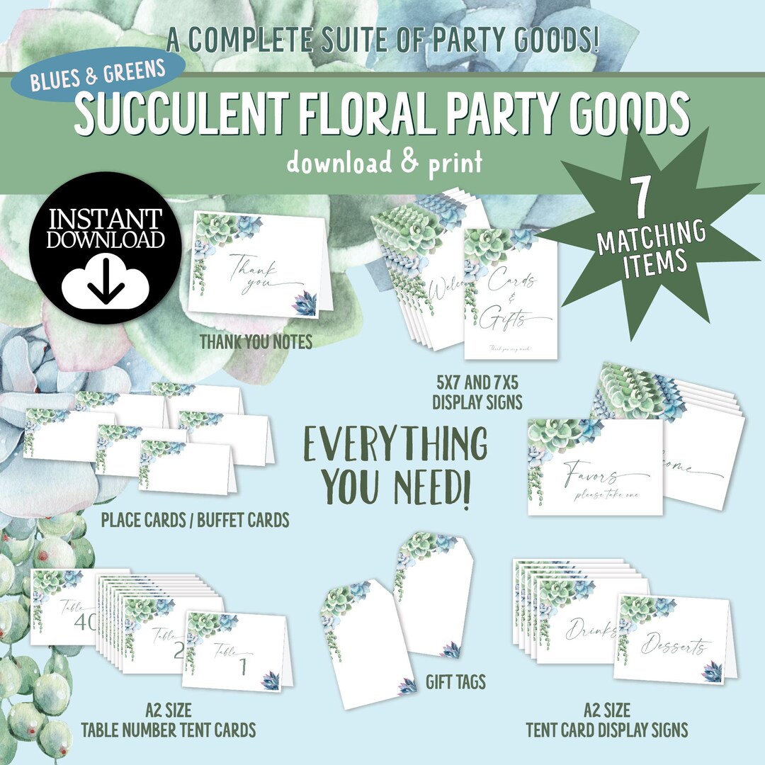Huge Set of Succulent Theme Party Goods, Greens Blues, Signs, Tags ...
