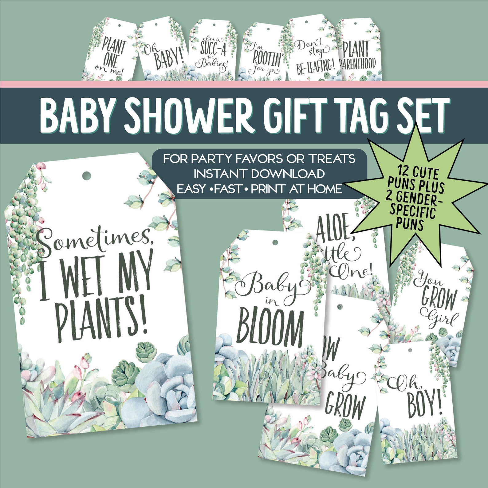 Baby Shower Succulent Gift Tags, Baby Plant Puns, DIY Shower Favor Tags ...