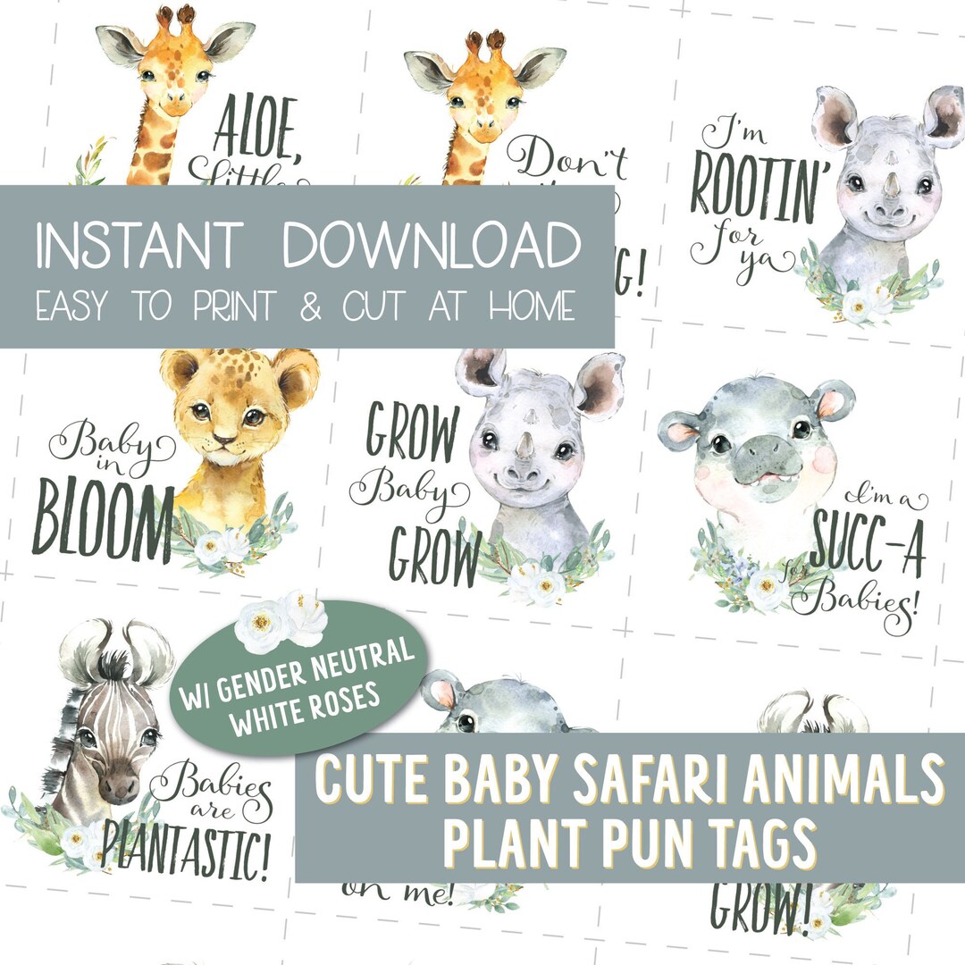 Baby Safari Animals Small Gift Tags, Plant Pun Party Favor Tags, Cute ...
