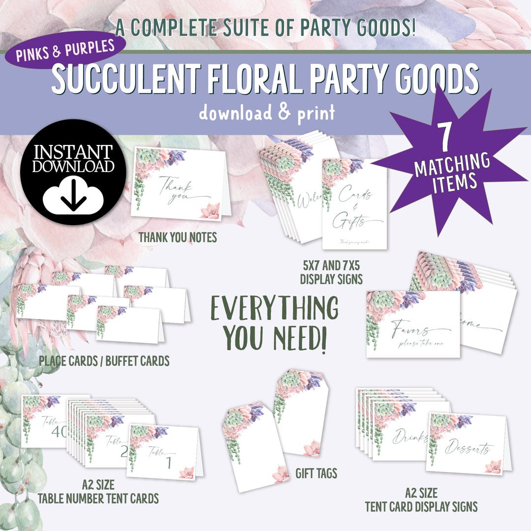Huge Set of Succulent Theme Party Goods, Pinks Purples, Signs, Tags ...