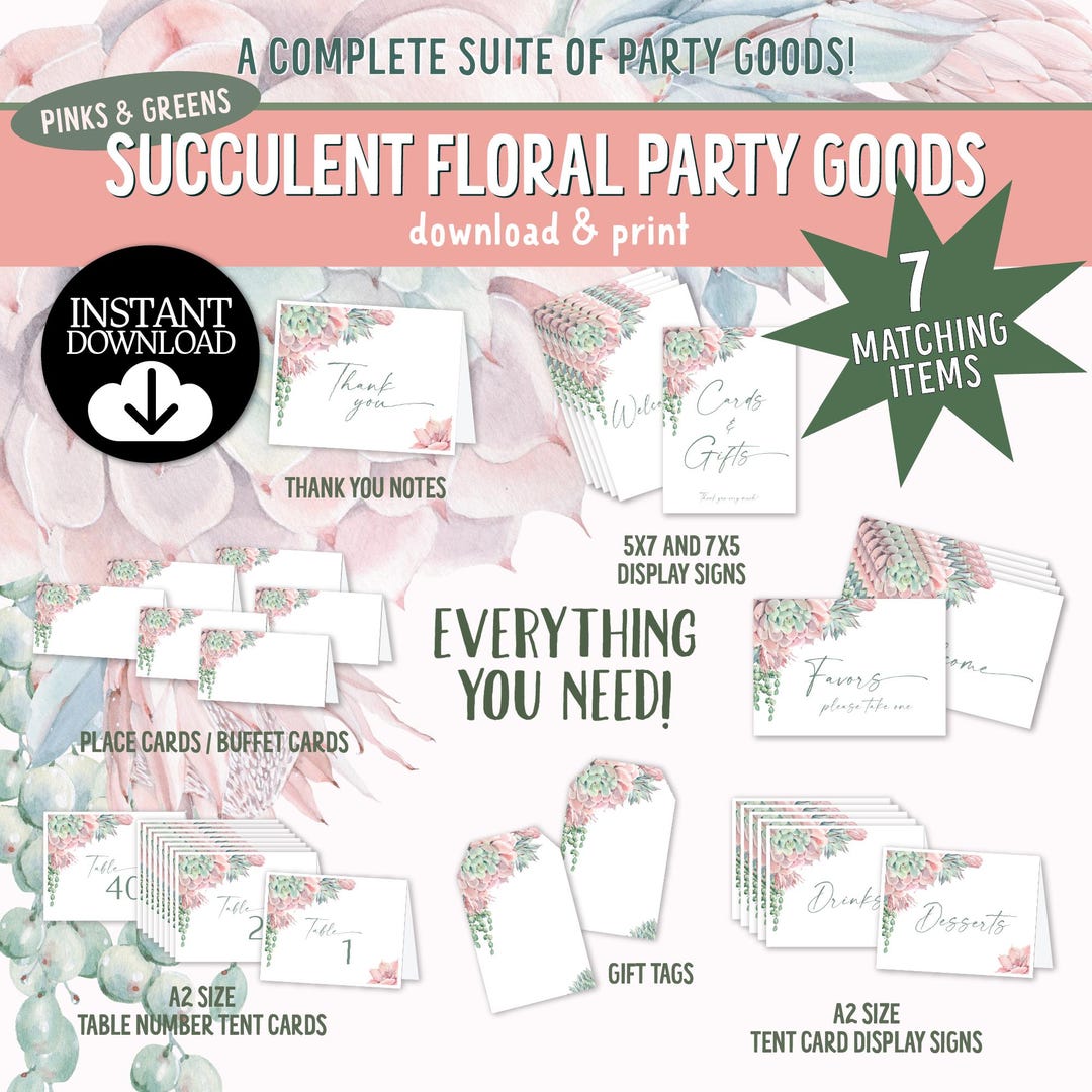 Huge Set of Succulent Theme Party Goods, Pinks Greens, Signs, Tags ...