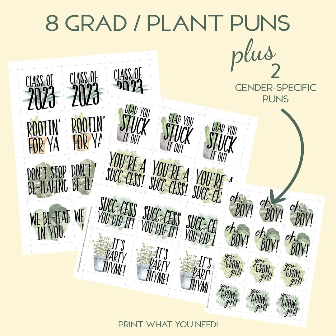 DIY Graduation Party Tags, Plant Pun Grad Tags, Instant Download, Tie ...