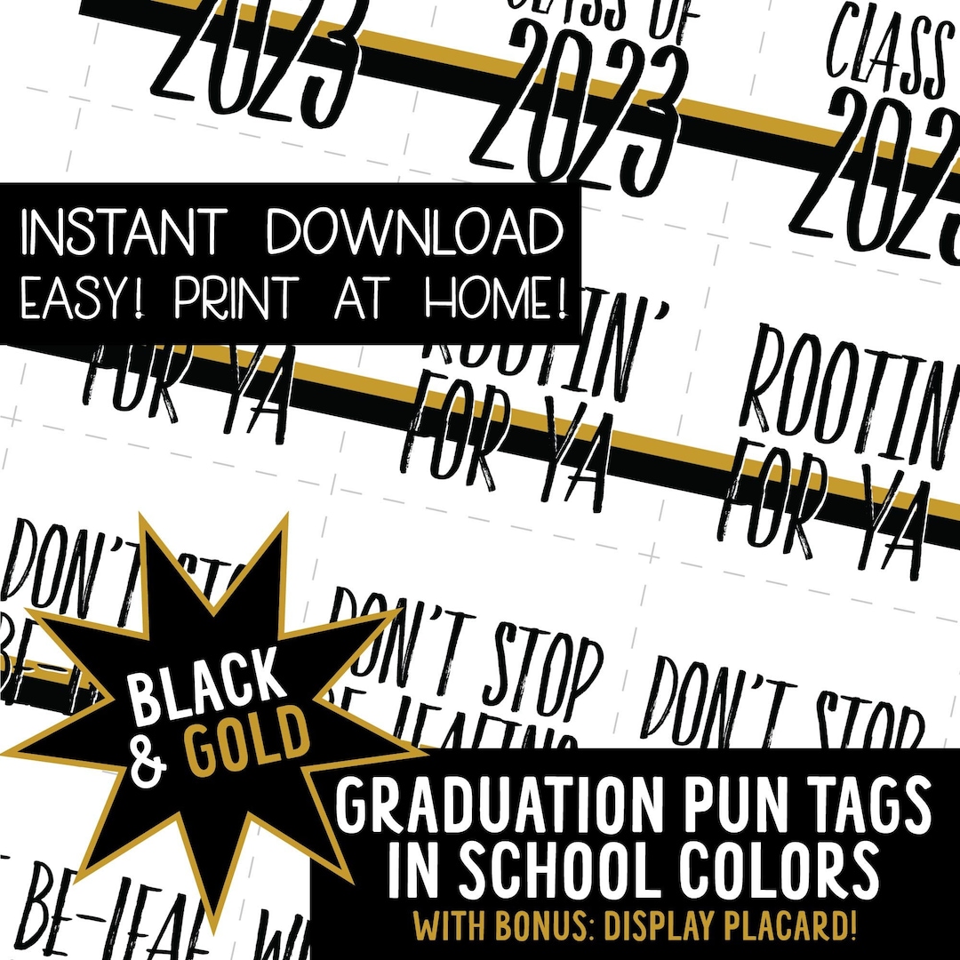 School Colors Graduation Tags, Black and Gold School Colors, DIY Tags ...