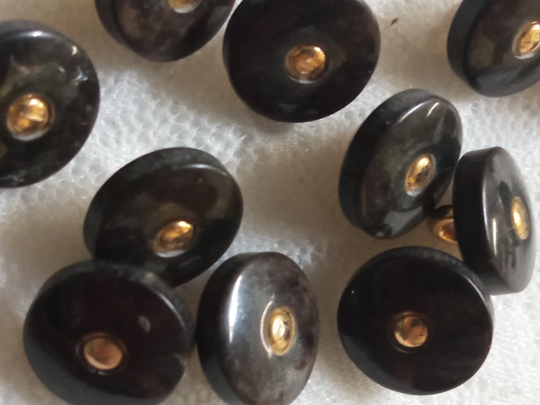 12 Plastic Buttons With Gold Metal Insert, Black Marble, 12 Mm, Vintage ...