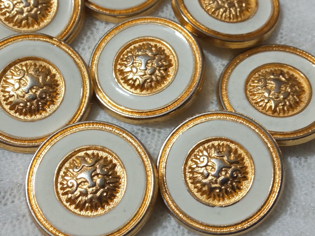 8 Buttons 28 Mm, Round, Gold-plated Metal and White Enamel, With Lion's ...