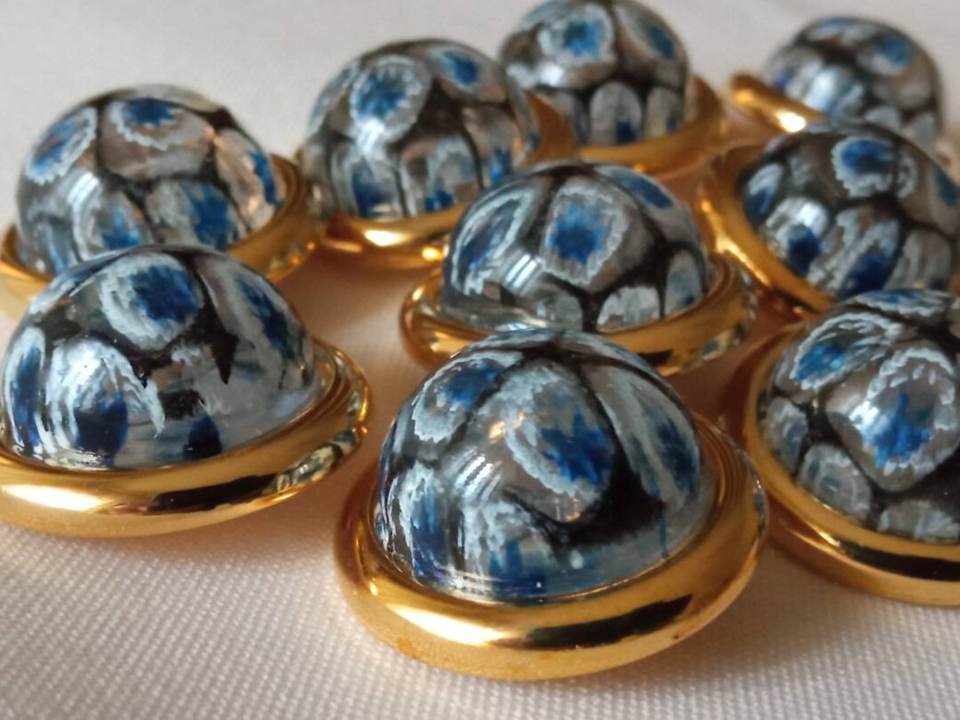 10 Hand-painted Plastic Buttons 28 Mm, Gold, Green, Domed, Vintage ...