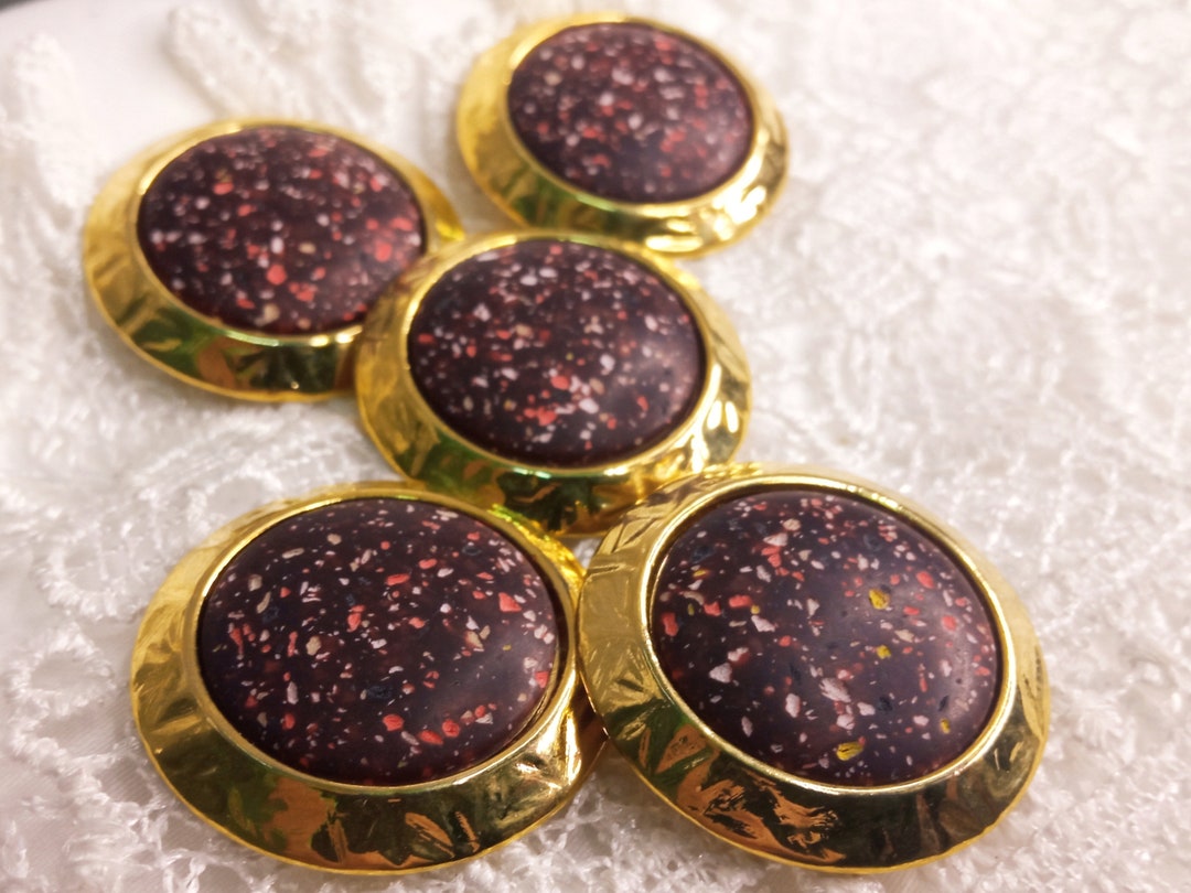 5 Vintage High Fashion Buttons 28 Mm, 90s Jewel Effect, Gold Metal With ...