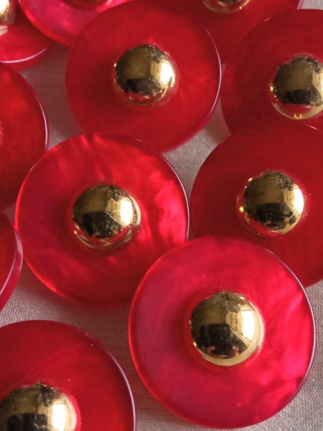 10 Light Plastic Buttons, 25 Mm, Red, With a Shiny Gold Pearl, Vintage ...