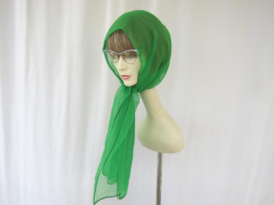Vintage Green Sheer Chiffon Coiffure Hood Tie Scarf | Embroidered Edge ...