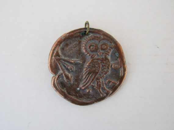 Vintage 70s Athena Owl Pendant: Greek Mythology Medal… - Gem