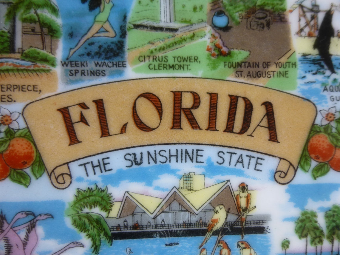 Vintage 60s Florida State Souvenir Plate: Mid-century Porcelain Wall ...