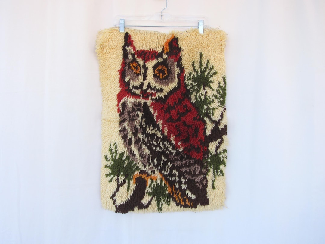 Vintage 70s Red Owl Bird Latch Hook Tapestry | Hand-woven Boho Wall ...