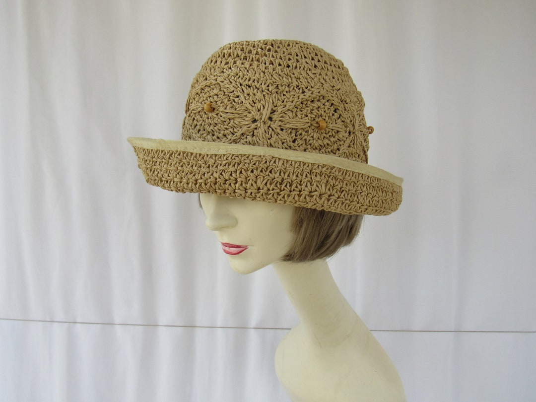 Vintage 90s Natural Paper Straw Wide Foldable Brim Bead Trimmed Bucket ...